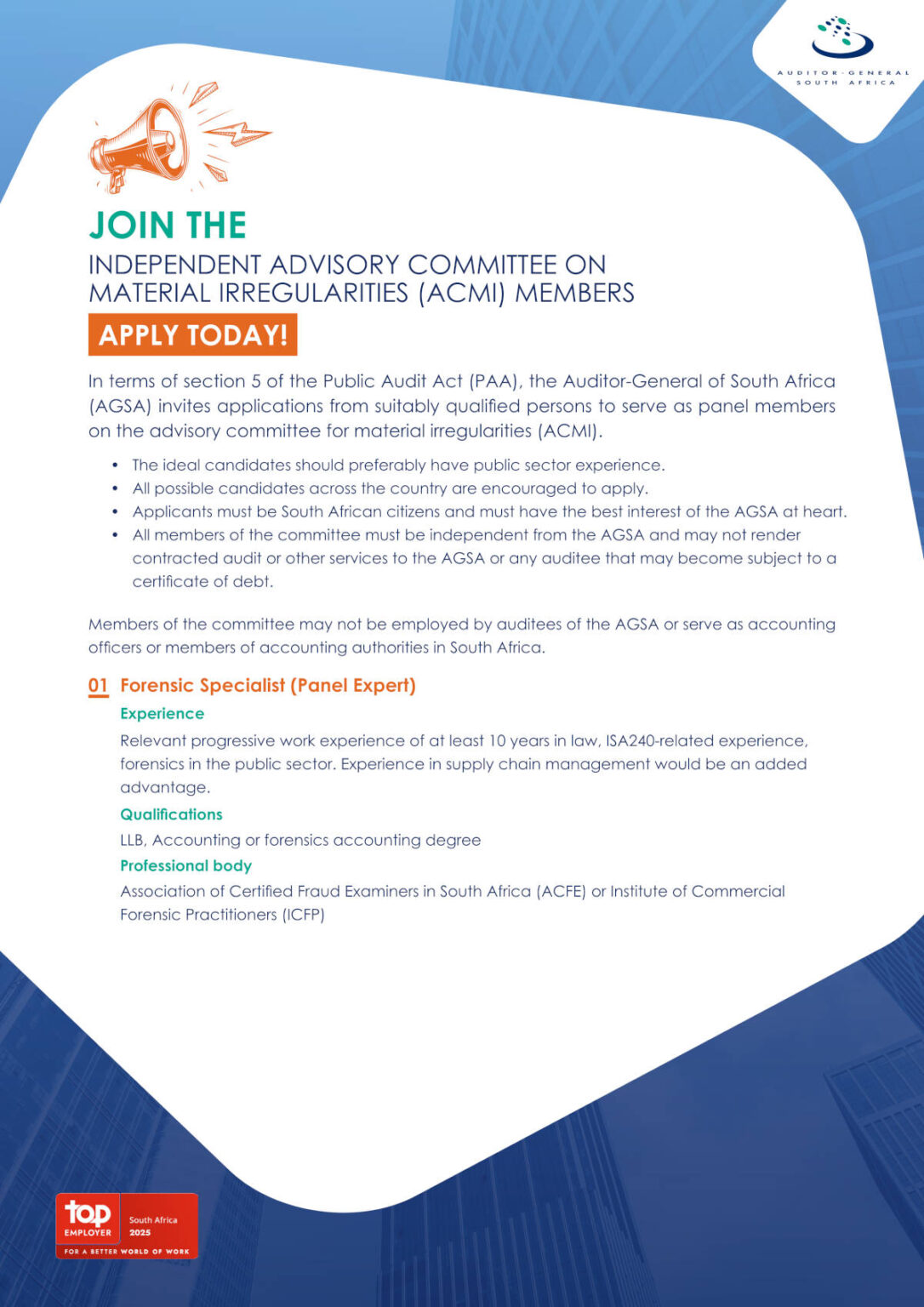 Experienced and Specialised Hires - Auditor General South Africa Talent